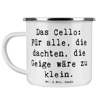 Mr. & Mrs. Panda Camping Emaille Tasse Spruch Cello Magie - Geschenk, Gr&ouml;&szlig;enunterschied, Musik, Celloschule, Kaffee Blechtasse, Musikfans
