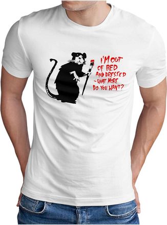 OM3 Out of Bed Rat Banksy T-Shirt - Herren - Stencil Graffiti Style Street Ratte - Wei&szlig;, 3XL