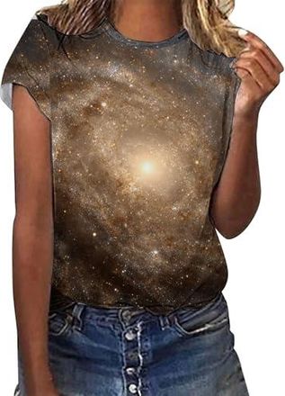 Generic T-shirt &agrave; manches courtes pour femme avec imprim&eacute; galaxie Core et col rond | T-shirt d&eacute;t&eacute; doux et l&eacute;ger pour le quotidien, les voyages, les vacances, 