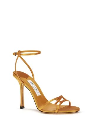 Jimmy Choo London Womens Leo Sandals Satin Sunset Orange Silk