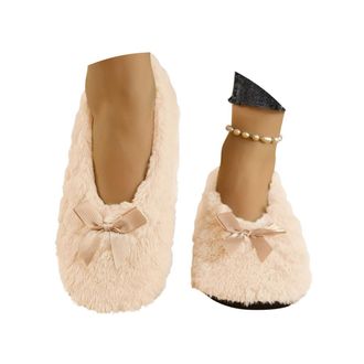 Minetom Damen Pl&uuml;sch Fliege Hausschuhe Antirutsch Baumwolle Pantoffeln Mit Polar Fleece-Futter Slip On Flache H&uuml;ttenschuhe Ballerinas A Aprikose 38/40 EU