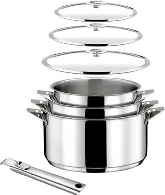 Cuisinox Eclipse - Lot 7 pi&egrave;ces - Casseroles 16, 18, 20 cm (1.5L, 2L, 3L), 3 couvercles et poign&eacute;e amovible - Fond encapsul&eacute; - Compatible tous feux - Acier Ino