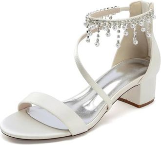 Generic Chaussures De Mariage Femme &Eacute;t&eacute; Talon Haut Sandales Satin&eacute;e Chunky Heels Bout Ouvert Mari&eacute;e Talons Bas 4.5CM,Ivoire,39 EU