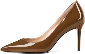 EDEFS Escarpins à Slip on Talon Dentelle 8cm Fermé en Cuir Verni Élégant & Sexy Mode Femme pour Mariage & Evénements Professionnels Marron EU36