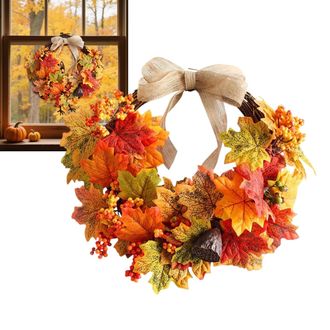 Generic Thanksgiving Wreath - 17.72x14.57x1.38 Zoll Rattan Seide Blumen Stoffschaum, Realistische Herbsternte Design, Festliche Saisondekoration | Vorderwand 
