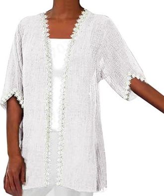 Generic Cardigan d&eacute;t&eacute; &agrave; manches 3/4 en lin pour femme - Cardigan long d&eacute;t&eacute; l&eacute;ger pour femme - Chemises blanches boh&egrave;me baggy chemises de vacances chemisiers t