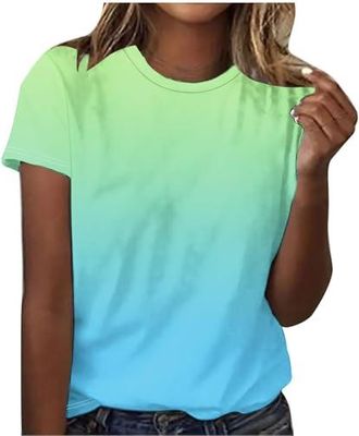Generic T-shirt dété à manches courtes et col rond dégradé de couleur décontractée pour femme, Z02-vert menthe, L