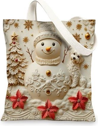 Generic Sac fourre-tout en toile avec motif chien cavachon de No&euml;l en relief 33 x 38 cm, motif bonhomme de neige, chiot et animal domestique, sac d&eacute;picerie r&eacute;