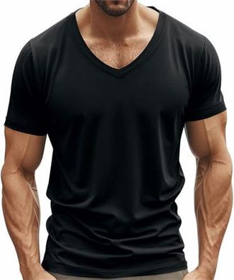 Generic T-shirts pour homme - Col en V - Manches courtes - Athlétique - Course à pied, gym, muscle - Respirant et frais, Noir, XXL