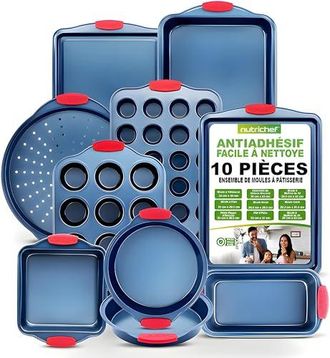 Nutrichef Moules &agrave; P&acirc;tisserie, Lot de 10 Pi&egrave;ces avec Poign&eacute;es en Silicone R&eacute;sistantes &agrave; la Chaleur, Plaques de Cuisson Antiadh&eacute;sifs en Acier au Carbone sans PFO