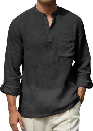 Generic Chemise d&eacute;contract&eacute;e en coton et lin &agrave; manches longues boutonn&eacute;e pour homme - Chemise Henley l&eacute;g&egrave;re &agrave; manches longues - Col boutonn&eacute; - Uni - Pour homm