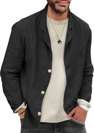 Onsoyours Blazer pour Homme Lin Revers Décontracté Slim Fit Manches Longues Vintage Ample Printemps Automne Mince Élégant Veste de Costume Chemises Solid Noir X