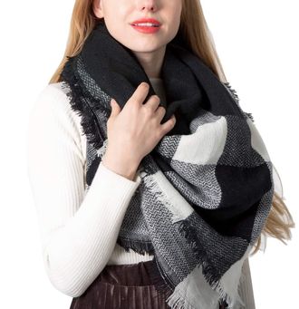 Lantch Damen Schal Kariert &uuml;bergro&szlig;er Quadratisch Deckenschal Herbstschal Winterschal Karo Tartan Streifen Plaid Muster XXL Oversized Fransen Poncho, Schwarz