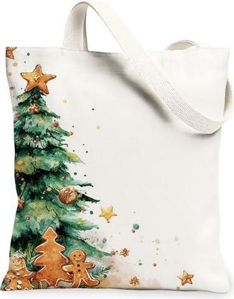 Generic Sacs fourre-tout fantaisie en toile de No&euml;l, motif arbre festif et pain d&eacute;pices, sacs de courses r&eacute;utilisables, l&eacute;gers et lavables en toile pour les v