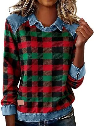 Generic Chemisier &agrave; manches longues pour femme - &Eacute;l&eacute;gant chemisier de loisirs - Chemisier en jean d&eacute;contract&eacute; - T-shirt &agrave; manches longues avec boutonni&egrave;re - C