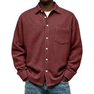 Generic Chemise gaufr&eacute;e pour homme et adulte, chemise boutonn&eacute;e &agrave; manches longues, couleur unie, chemise &agrave; revers vintage, d&eacute;contract&eacute;e et de travail avec poc