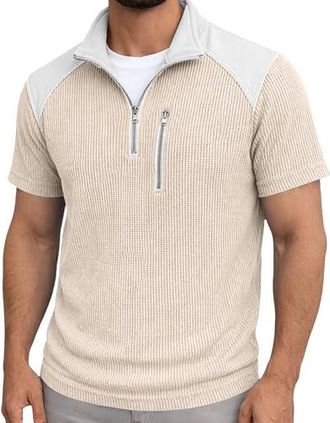 Generic Polo gaufr&eacute; avec fermeture &eacute;clair 1/4 pour homme, haut uni &agrave; manches courtes, pull tendance &agrave; col &agrave; revers, doux &agrave; porter, respirant et durable, costu
