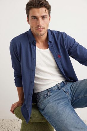 Trendyol MAN Herren Dunkelblau Bestickt Lang Regular Fit Hemden