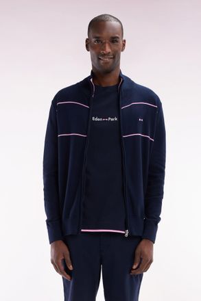 Eden Park Cardigan Col Camionneur Zipp&eacute; En Coton Marine &Agrave; Effet De Passepoils Roses Coupe Droite