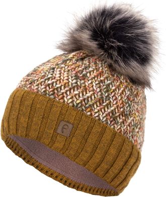 Faera Winterm&uuml;tze M&uuml;tze Damen gef&uuml;ttert mit Kunstfell Bommelm&uuml;tze Bommel Fleecefutter Winter Strickm&uuml;tze Beanie M&auml;dchen, Farbe:Senf