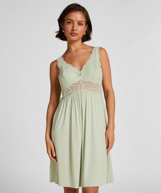 Hunkem&ouml;ller Pyjama HUNKEM&Ouml;LLER Nora Lace Slip Dress, Damen, Gr. XS, gr&uuml;n, 95% Viskose, 5% Elasthan, Homewear-Sets Pyjama