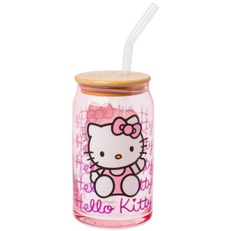 Silver Buffalo Sanrio Hello Kitty Glasbecher mit Bambusdeckel und Glasstrohhalm, 473 ml