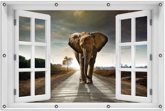 Wallario Outdoor-Poster für Garten oder Balkon Elefant bei Sonnenaufgang in Afrika, Motivbanner Größe: ca. 100 x 150 cm mit Fenster-Illusion