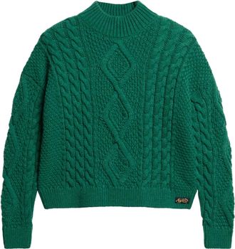Superdry Damen Aran Polo-Strickpullover mit Zopfmuster Piniengrün 40