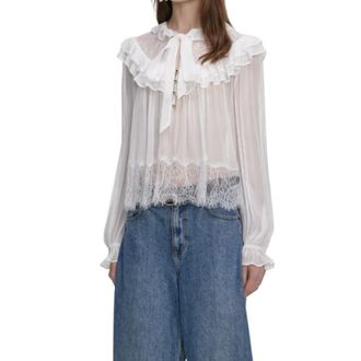 Self Portrait Femme, Blouses et Chemises, Blanc, Taille: 38 FR Chemisier en georgette et dentelle