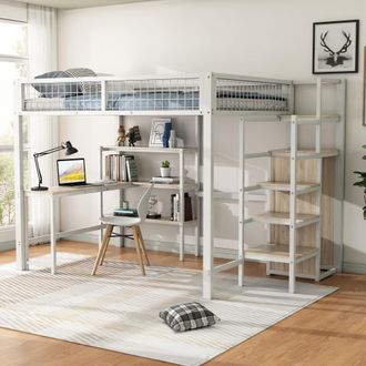 Generic Kayan Hochbett 140x200 cm mit Schreibtisch & Schrank, Metallbett mit Treppe und Rausfallschutz, Etagenbett Metall Bettgestell für Kinder, Jugendliche,