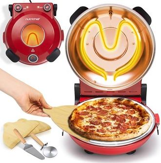 Nutrichef NutriChef Pizzaofen 30,5 cm mit Pizzastein - 430 °C Ober-/Unterhitze, Sichtfenster, Thermometer, Antihaft, Kompakt, Rot - Knusprige Ergebnisse wie aus