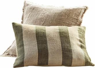 Loberon Kissenhülle 2er Set Montjoie, Zwei Webstreifen-Designs, Zwei Größen, Rückseite aus Musselin, Kissenbezüge, Wohntextilien, Leinen, Baumwolle, Creme/grü