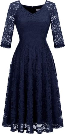 Dressystar Damen Elegant Cocktailkleid V-Ausschnitt Spitzenkleid Hochzeit Midi Brautjungfer Kleid Marineblau XXL