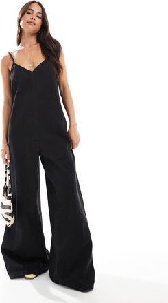 Asos Combinaison large en denim doux à encolure dégagée - Noir délavé