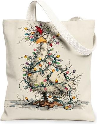 Generic Sacs fourre-tout en toile de No&euml;l, motif oiseau amusant, sacs d&eacute;picerie r&eacute;utilisables, l&eacute;gers et lavables avec bandouli&egrave;re pour voyage, pique-nique, 3