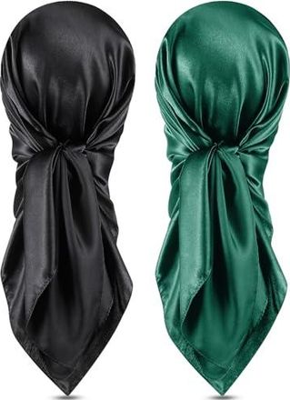 Satinior 35 Pouces &Eacute;charpes de T&ecirc;te en Soie 2 Foulards de Cheveux en Satin Foulard Carr&eacute; Soyeux Large (Noir, Vert Fonc&eacute;)