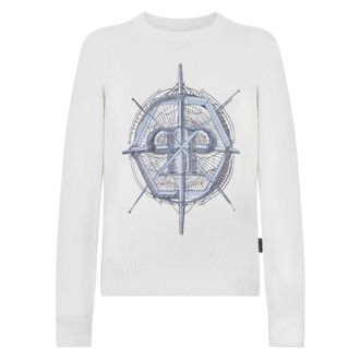 Philipp Plein Homme, Pulls, Blanc, Taille: XL Round Neck Pullover Wind Rose