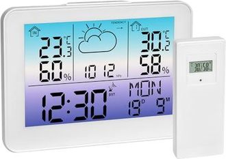 TFA Dostmann Funk Wetterstation mit Außensensor Meteo Sky, 35.1175, bunte Hintergrundbeleuchtung, Thermometer/Luftfeuchtigkeit innen außen, Wettervorhersage mit Sy