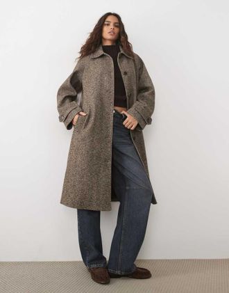Jacqueline de Yong Longline-Mantel mit Fischgr&auml;tmuster in Schokobraun