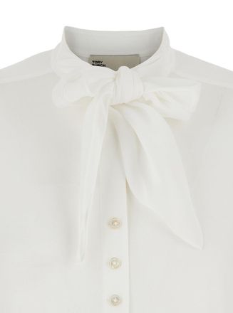 Tory Burch Womens White Viscose Blouse With Pussybow Collar Blouses Shirt