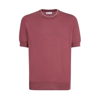 Brunello Cucinelli Homme, Pulls, Rouge, Taille: 3XL T-shirt en maille l&eacute;g&egrave;re avec d&eacute;tails contrast&eacute;s