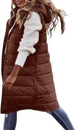 Generic Gilet bouffant long et léger sans manches matelassé pour femme, veste dextérieur décontractée à capuche avec fermeture éclair, manteaux dhiver chauds,