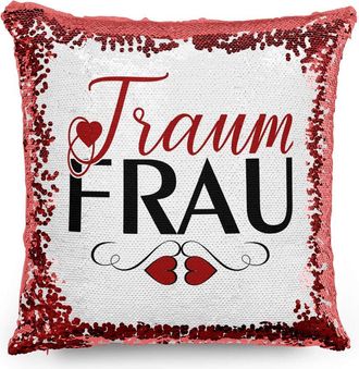 Tassendruck Pailletten-Kissen mit Spruch Traumfrau - Verliebt/Liebe/Geschenk-Idee/Paar/Kissenbezug inkl. Kissenfüllung/Farbe: Rot