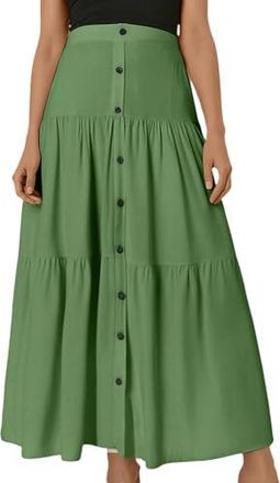 Generic Jupe midi vintage pour femme, taille haute &eacute;lastique, fendue, &agrave; volants, jupe trap&egrave;ze fluide avec poches, robe d&eacute;t&eacute; boh&egrave;me, robe baggy, essentiels de 