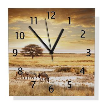 Wallario Design Wanduhr Safari in Afrika eine Herde Zebras am Wasser aus Aluverbund, Alu-Uhr Größe 30 x 30 cm, Schwarze Zeiger mit Metalloptik