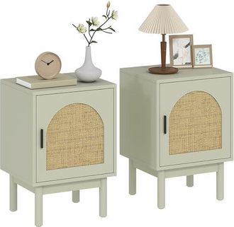 HOMCOM Lot de 2 Tables de Chevet, Table de Nuit avec Porte en r&eacute;sine tress&eacute;e, &eacute;tag&egrave;re r&eacute;glable et Pieds en Bois Massif, Style Boho, Bout de canap&eacute; pour Chamb
