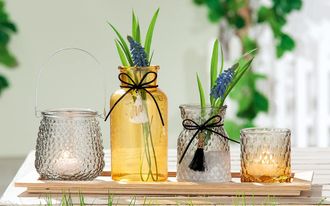 Gilde 4er Ensemble Windlichter & Vasen Glas gelb, grau 44204