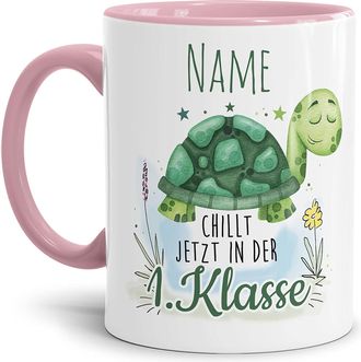 Tassendruck Tasse mit Spruch - In der 1. Klasse chillen - Geschenk zur Einschulung - Schildkröte - mit Wunschnamen Personalisieren - Keramiktasse Innen & Henkel R