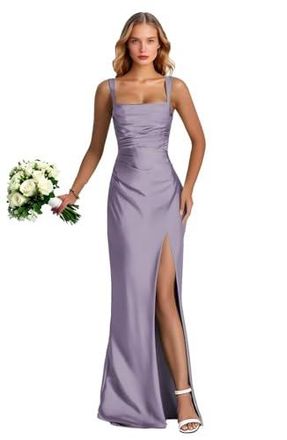 Generic Robe de demoiselle dhonneur en satin pour femme - Robe de bal sir&egrave;ne - Bretelles spaghetti - Corset long pliss&eacute; - Robe de soir&eacute;e formelle avec fente, 