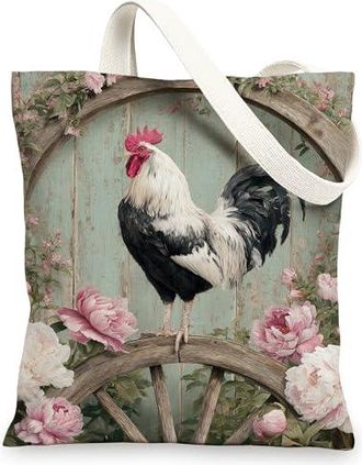 Generic Sacs fourre-tout en toile avec motif de coq floral, sacs de courses réutilisables, légers et lavables pour Beac, multicolore, 13x15 Inch
